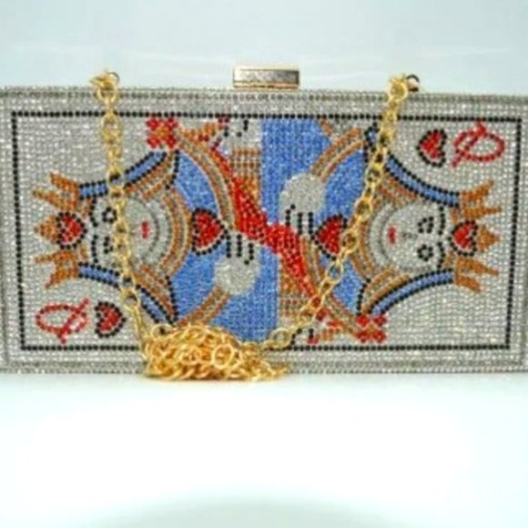 Bags | Queen Of Hearts Rhinestone Bling Clutch Box Purse Crossbody ...